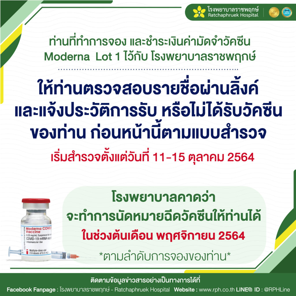 📢📢 ท่านที่ทำการจองและชำระเงินค่ามัดจำวัคซีน Moderna Lot 1 ไว้กับ ...